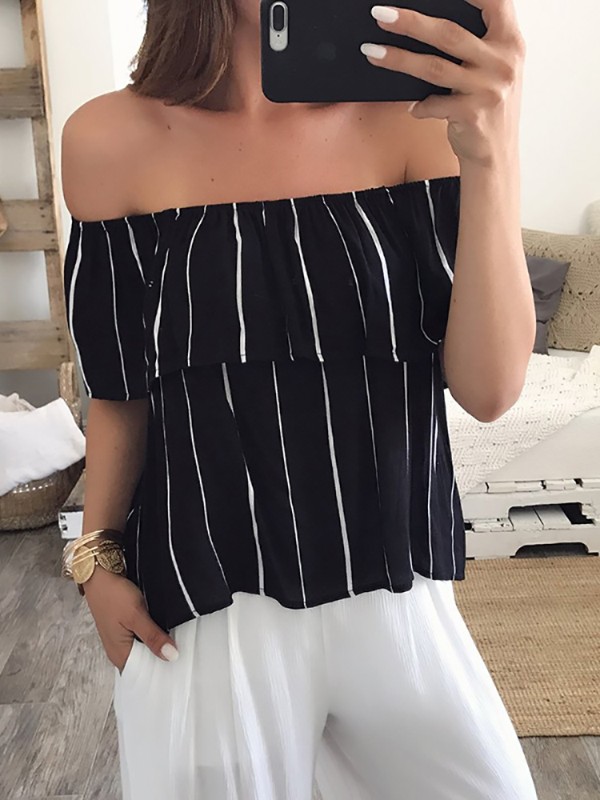 Stylish Striped Flounced Off Shoulder Casual Top Online. Discover ...