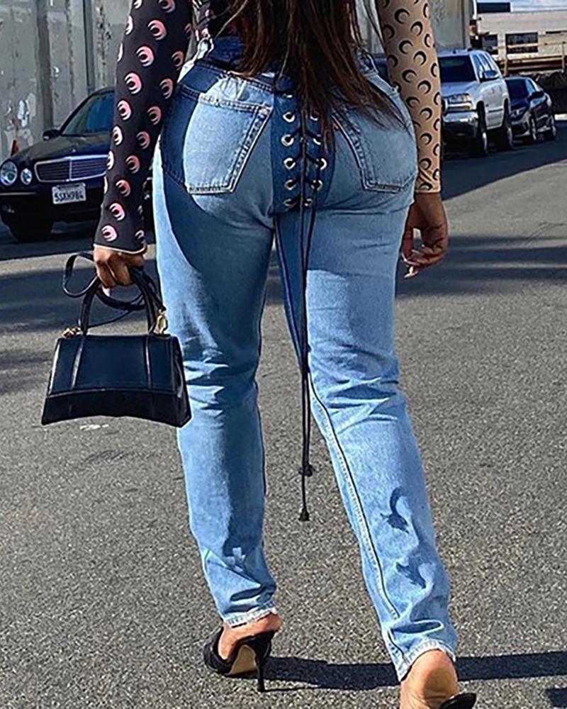 Eyelet Lace Up Back High Waist Jeans