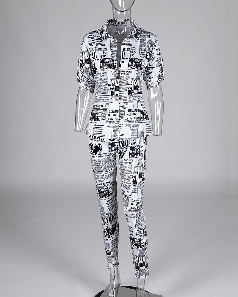 Newspaper Print Buttoned Shirt & Pant Sets