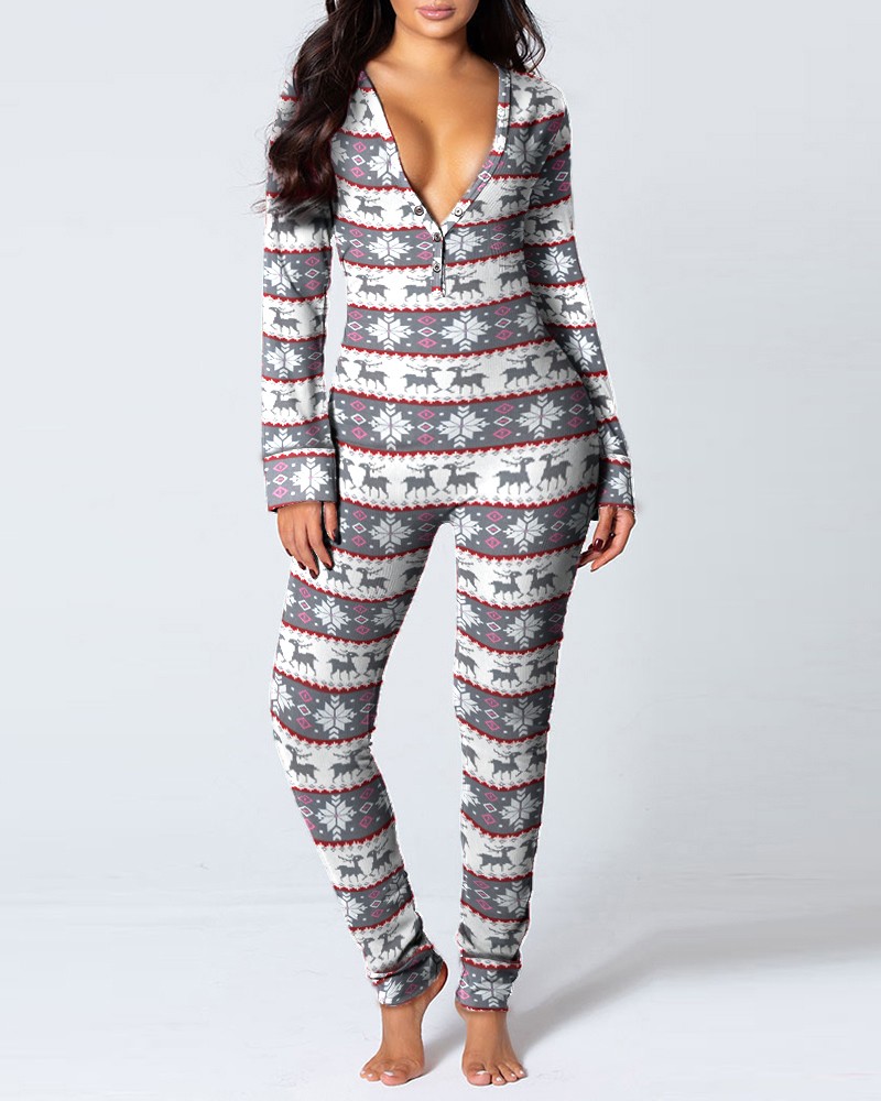 Christmas Functional Buttoned Flap Adults Pajamas