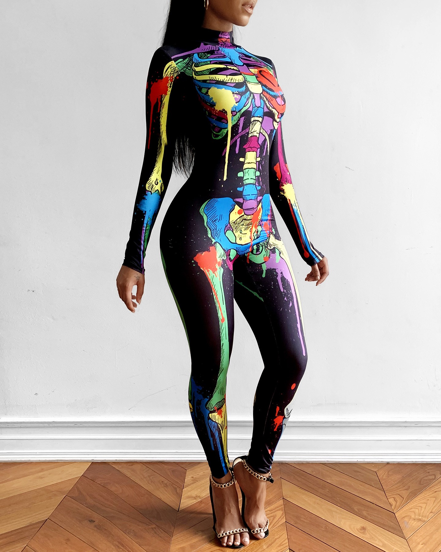Skull Skeleton Print Zip Back Halloween Costume Jumpsuit