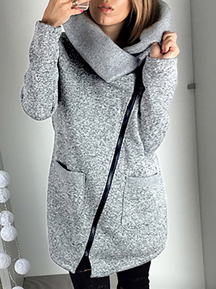 Autumn Trendy Cowl Neck Inclined Zipper Long Jacket Online. Discover ...