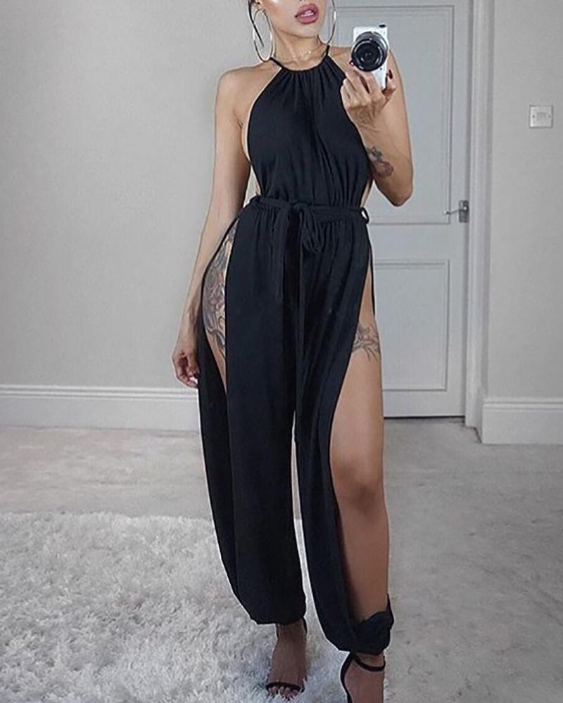 Sleeveless Ruched Slit Jumpsuit