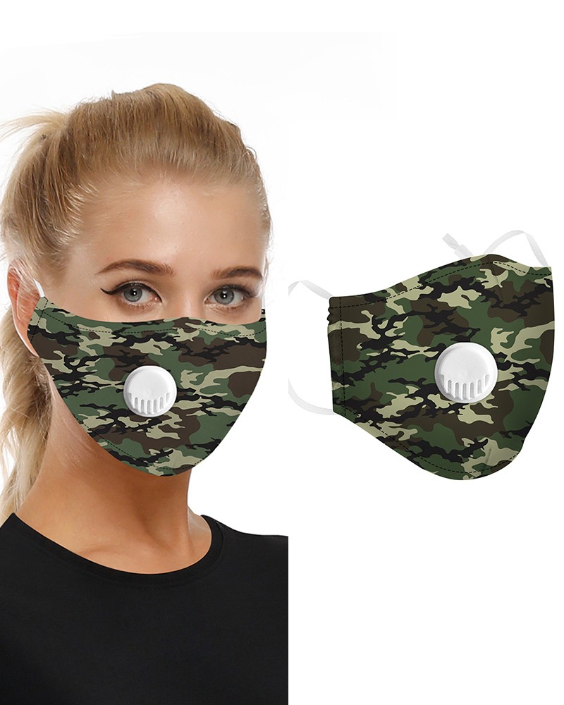 Camouflage Print Breathing Washable Valve Face Mask (2 filters as gift ...