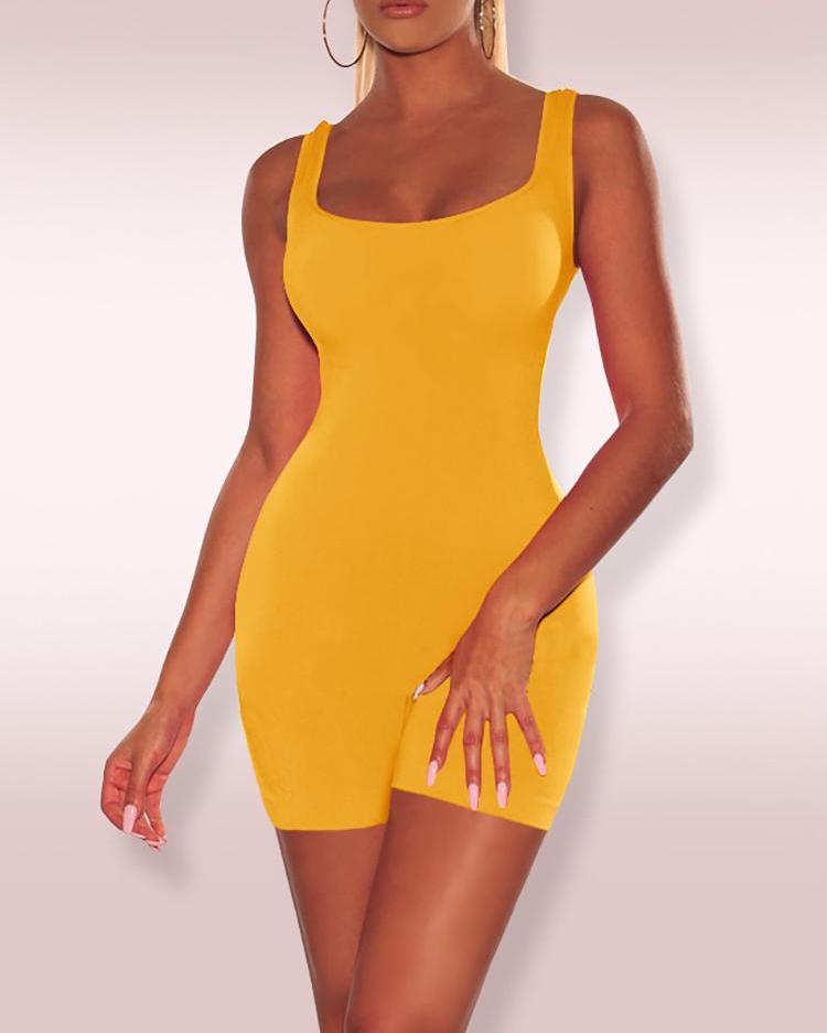 Solid Thick Strap U-Neck Slim Fit Biker Romper