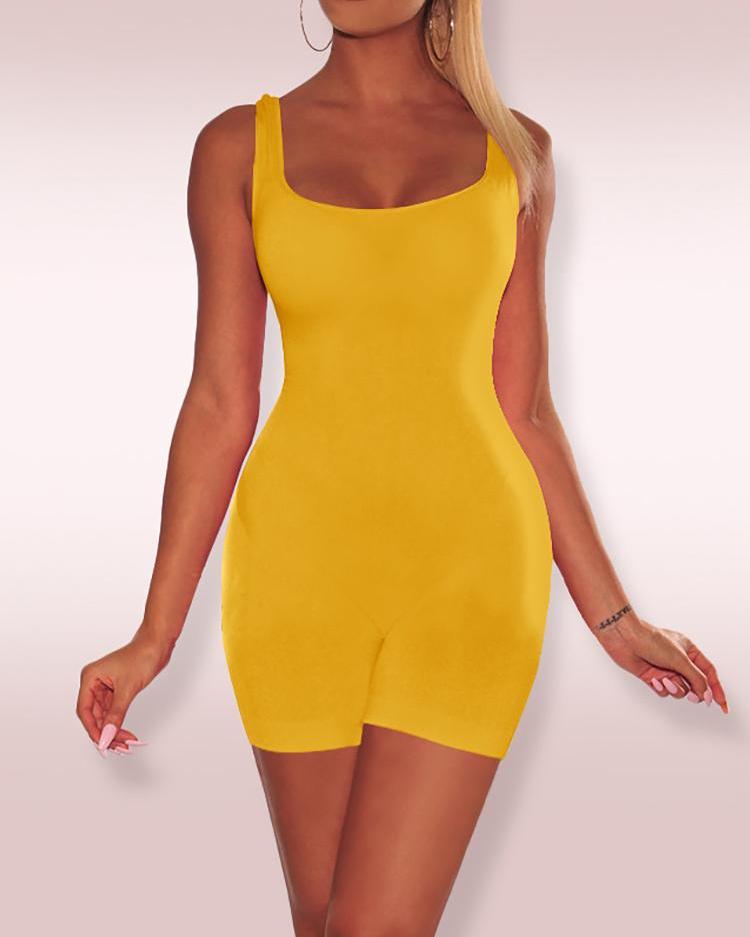 Solid Thick Strap U-Neck Slim Fit Biker Romper