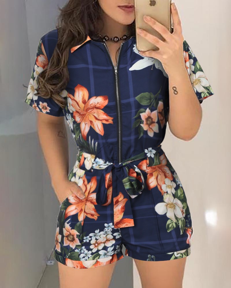 Floral Print Zipper Design Casual Romper