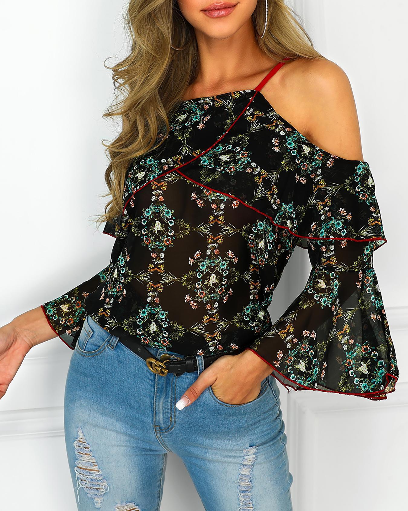 Floral Print Cold Shoulder Ruffles Blouse Online. Discover hottest ...