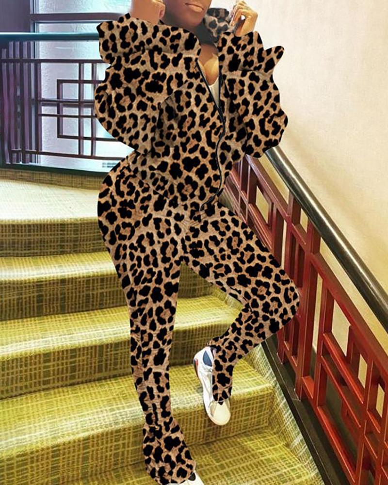 Camouflage Cheetah Print Cold Shoulder Hooded Top & Skinny Pants Set