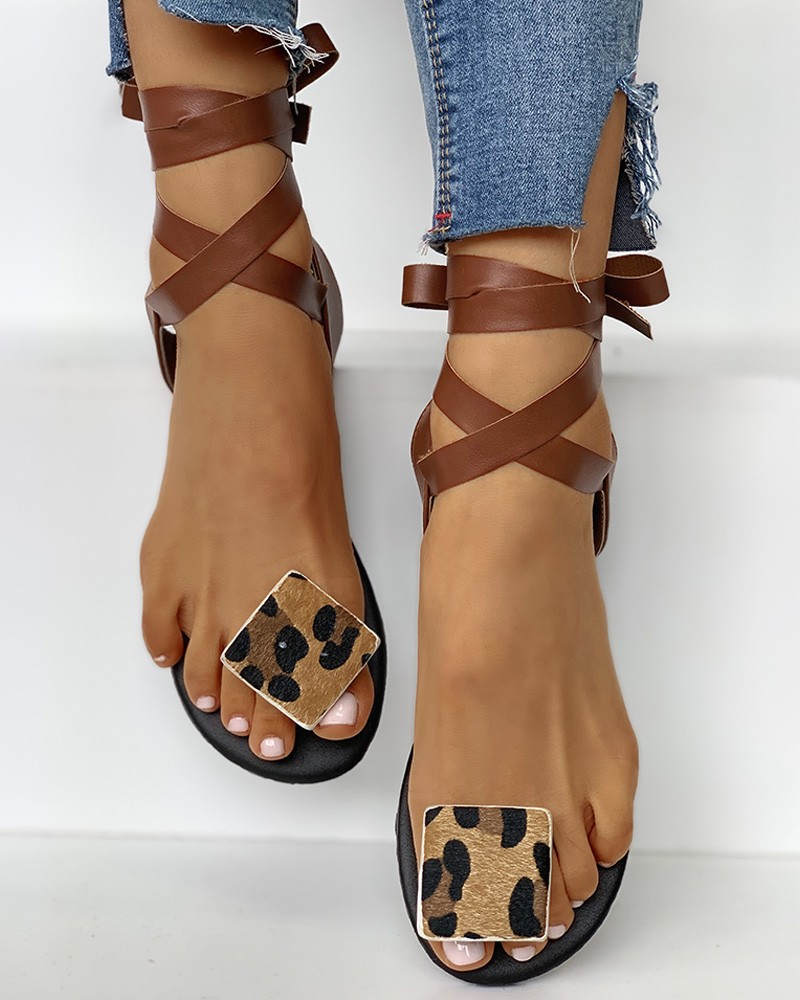 Leopard Print Toe Ring Lace-Up Flat Sandals