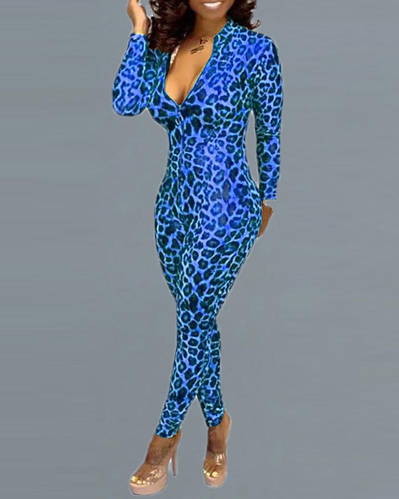 V Neck Leopard Print Jumpsuit