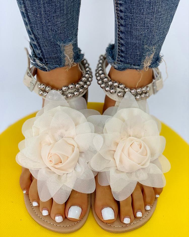 Mesh Floral Embellished Beaded Flat Sandals