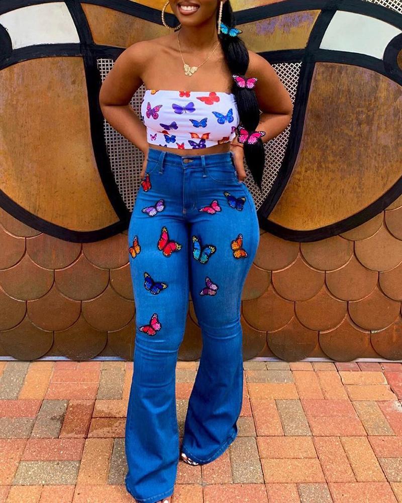 Butterfly Embroidery Design Denim Bell Bottom Jeans