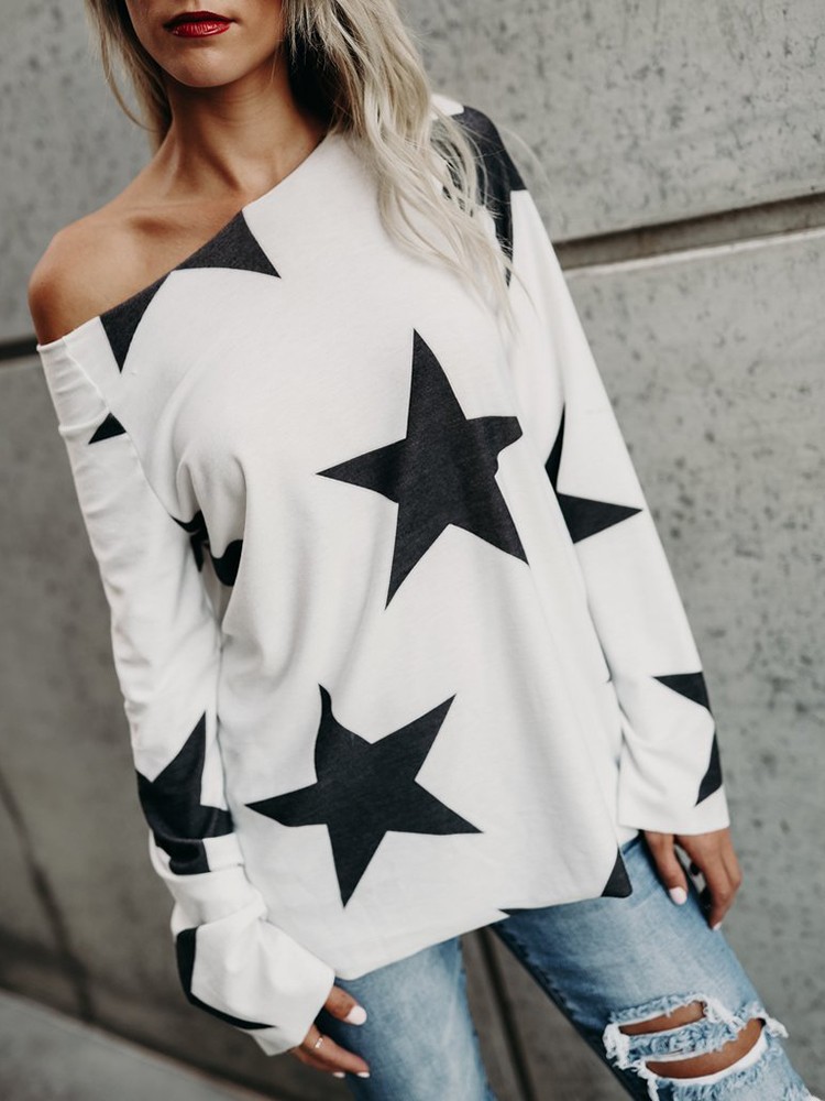 Fashion Star Print One Shoulder Casual Top