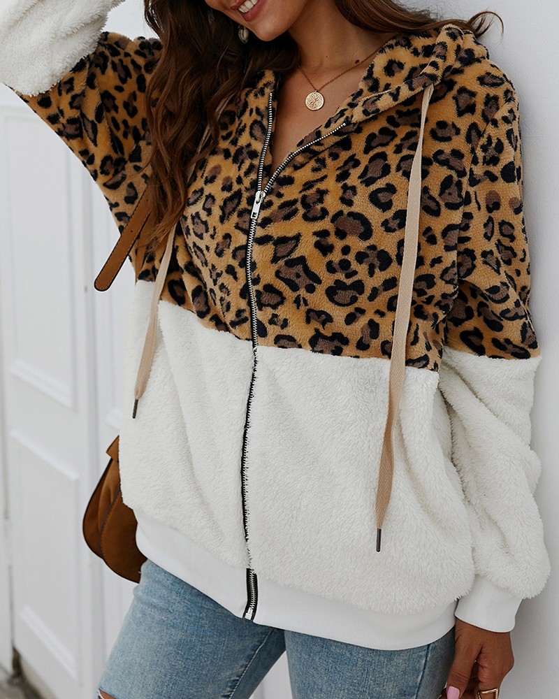Cheetah Print Colorblock Fluffy Hooded Coat