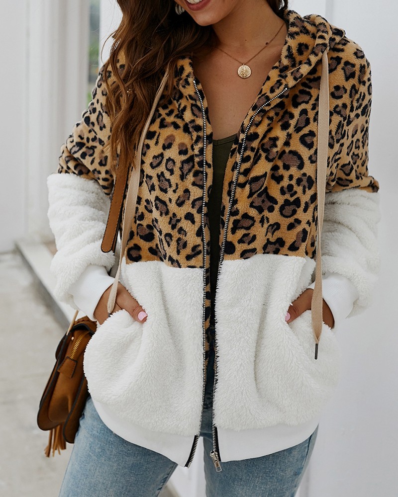 Cheetah Print Colorblock Fluffy Hooded Coat